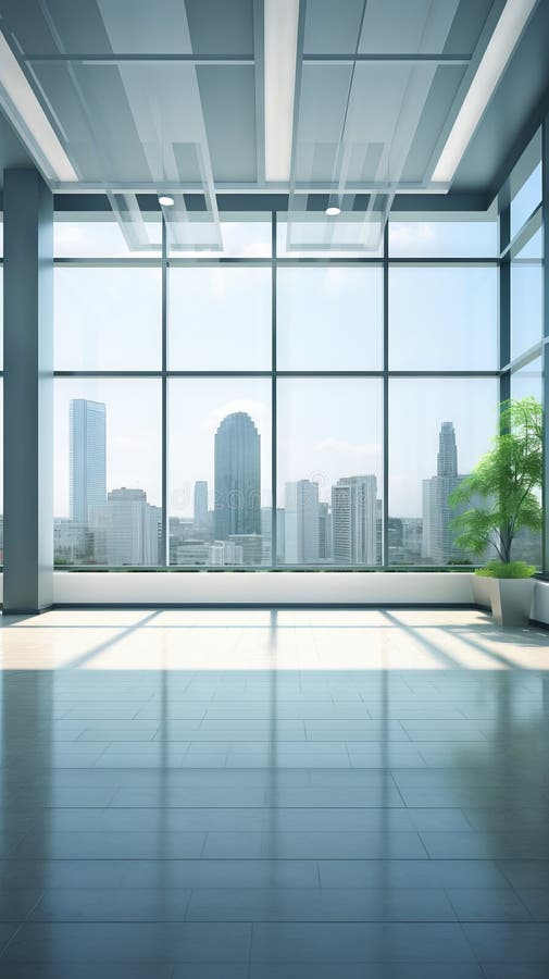 Modern Empty Business Office with Panoramic Windows and Urban Backdrop ...