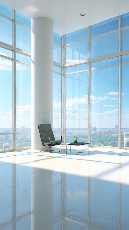 Modern Empty Business Office with Panoramic Windows and Urban Backdrop ...