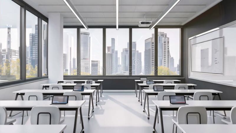 Modern Empty Classroom with City View and Whiteboard in Daylight Stock ...