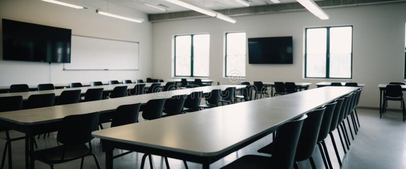Modern Empty Classroom with Long Tables and Digital Displays Stock ...