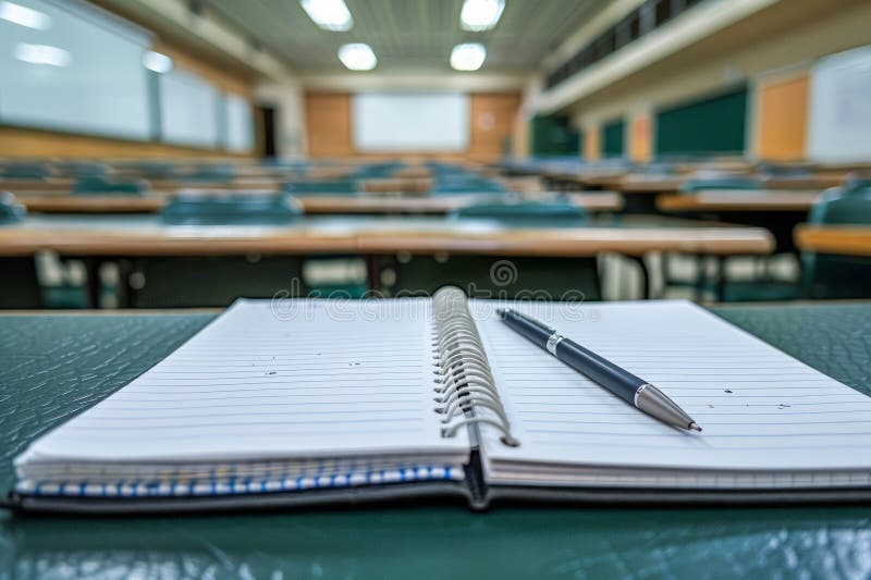 Modern Empty Classroom with Open Notebook and Pen on Desk, Defocused ...