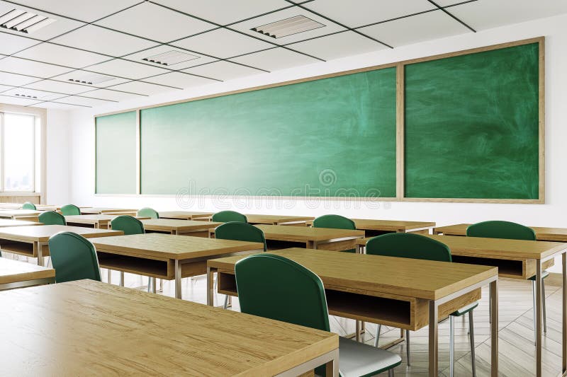 Modern Empty Classroom with Wooden Tables and Green Chalkboard. 3D ...