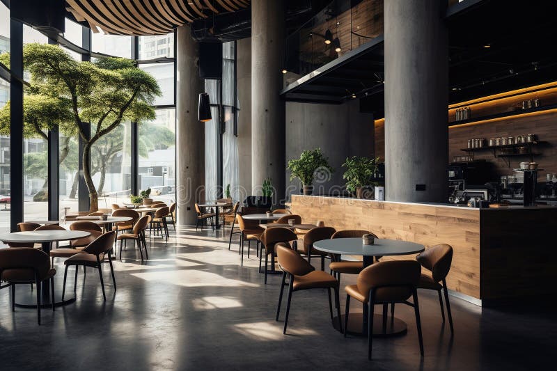 Modern Empty Coffee Shop, Trendy Interior Design with Wood and Greenery ...