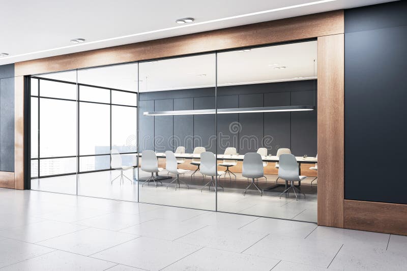 A Modern, Conference Room with a Large Table, Chairs, and a Partition ...