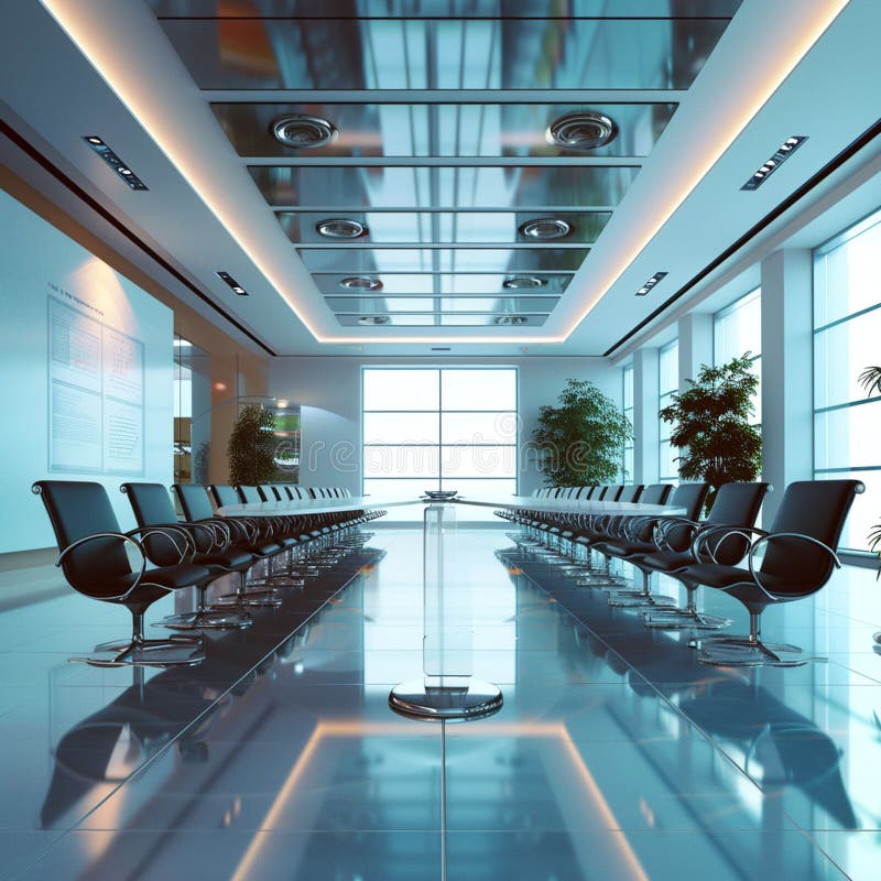 Sleek Conference Room with Reflective Glass Walls and Forest View ...