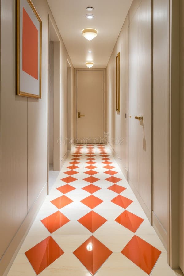 Modern Empty Corridor with Diamond Patterned Floor Tiles Stock ...