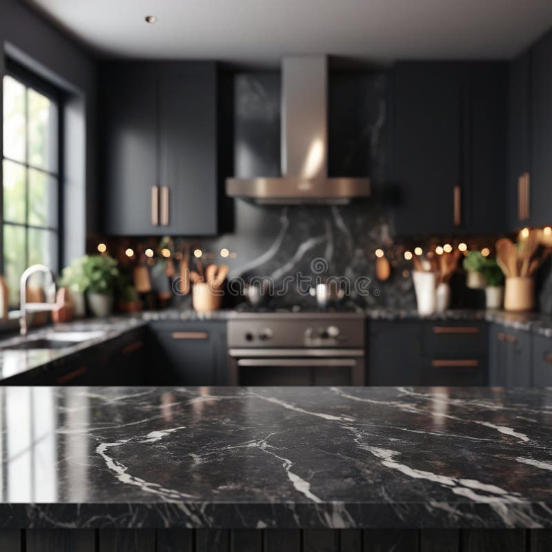 Modern Empty Dark Marble Table Top or Kitchen Island on Blurry Bokeh ...