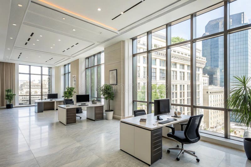 Modern Empty Elegant Office with Windows and Workplaces Stock ...