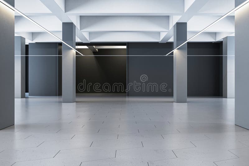 Modern Empty Exhibition Hall with Grey Pillars and Illuminated Ceiling ...