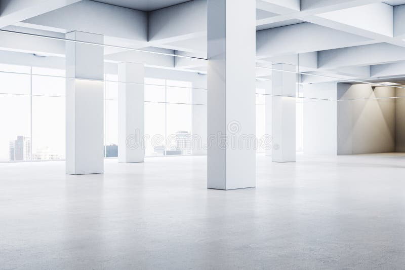 Modern Empty Exhibition Hall with Large Windows and White Concrete ...