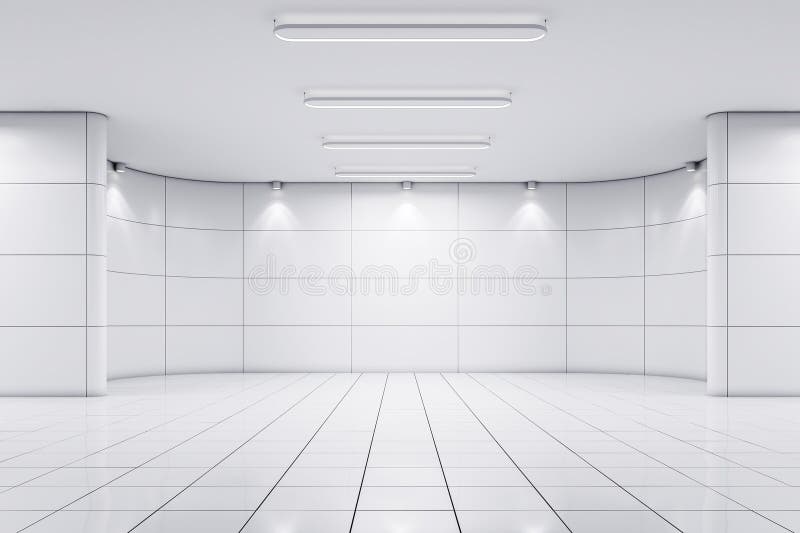 Modern Empty Exhibition Hall with White Tiled Walls and Ceiling ...