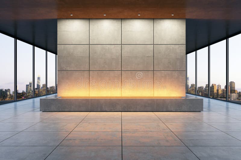 Modern Empty Exhibition Room with Concrete Wall and City Skyline View ...