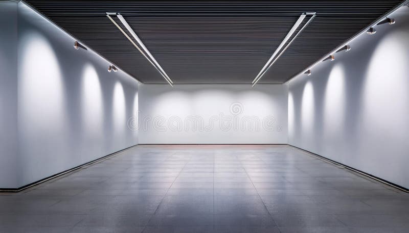 A Modern, Empty Gallery Interior with White Walls and Spotlights on a ...