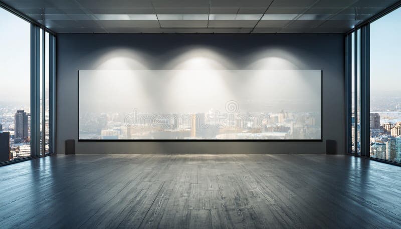 Modern Empty Gallery Room with Backlit Display Wall and City View. 3D ...