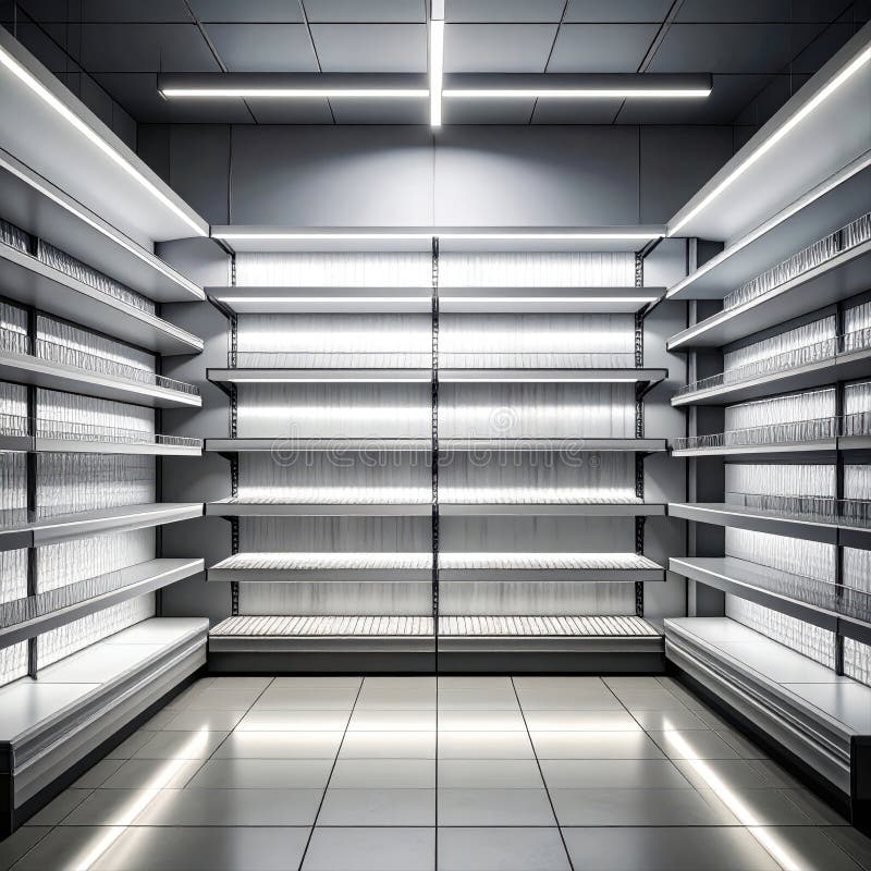 Modern Empty Grocery Store Shelves with Bright LED Lighting and Sleek ...