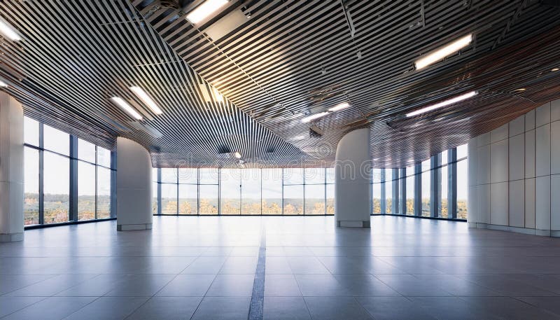 Modern Empty Hall with Geometric Ceiling Design. 3D Rendering Stock ...