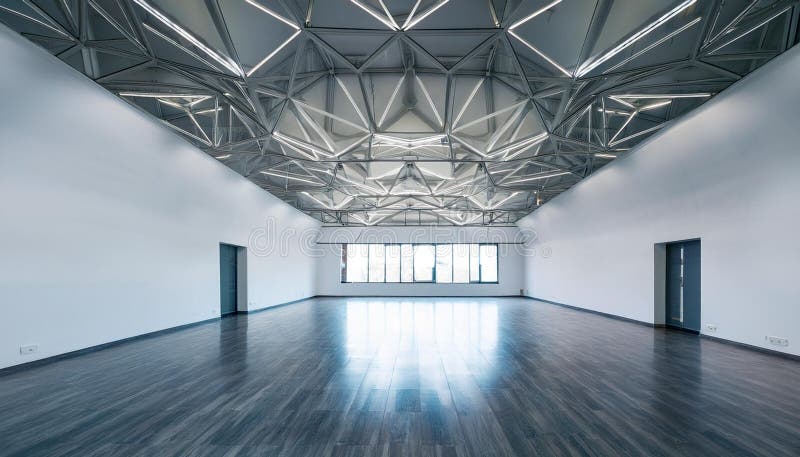 Modern Empty Hall with Geometric Ceiling Design. 3D Rendering Stock ...