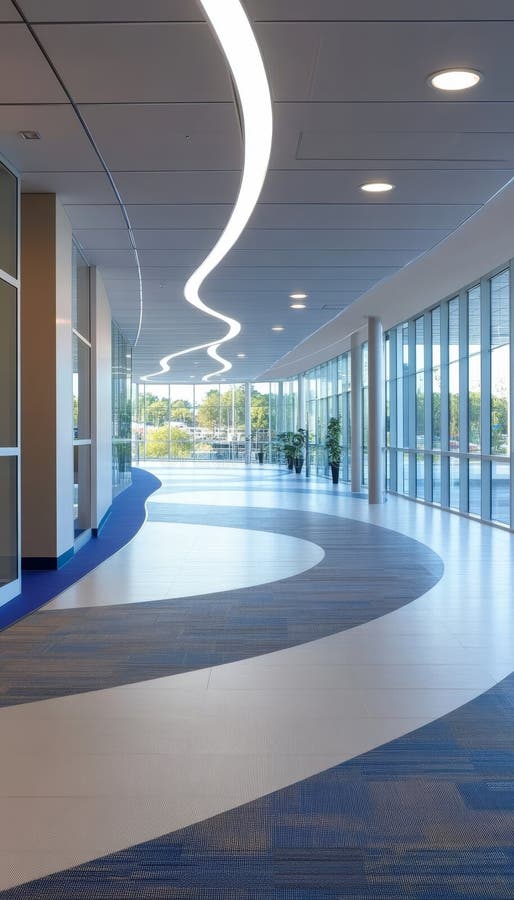 Modern Empty Hallway with Wavy Design Blue and White Floor, Curved ...