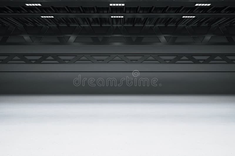 Modern Empty Hangar Interior with Industrial Lighting and Dark Walls ...