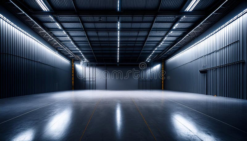 Modern Empty Hangar Interior with Industrial Lighting and Dark Walls ...