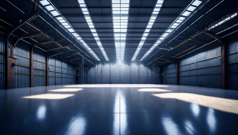 Modern Empty Hangar Interior with Industrial Lighting and Dark Walls ...