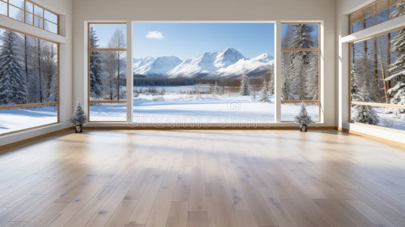 Modern Empty Home, Snowy Mountain View, Spacious Design, Panoramic ...