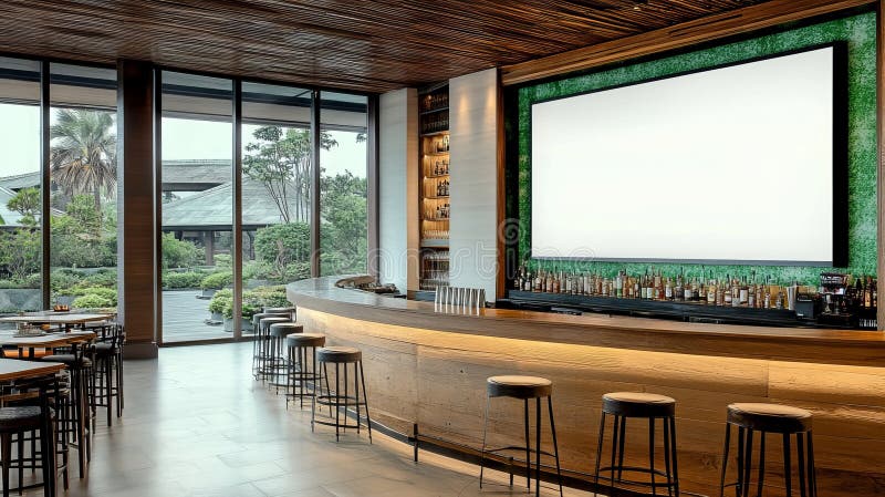 Modern Empty Hotel Bar with Large Blank Screen, Stools, and Floor-To ...