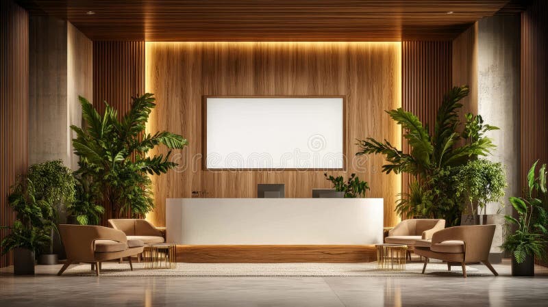Modern, Empty Hotel Lobby with Wood Paneling, White Reception Desk and ...