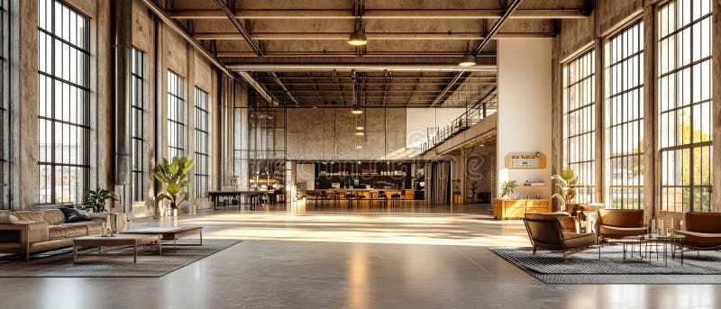 Modern Empty Industrial Warehouse Featuring Large Panoramic Windows and ...