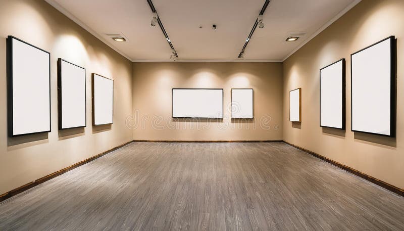 Modern Empty Interior Gallery with Blank Frames on Beige Walls. 3D ...