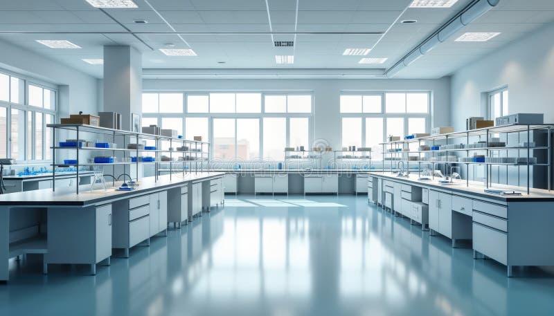 Modern Empty Lab Interior. Bright Light Floods Spacious Room. Long Rows ...