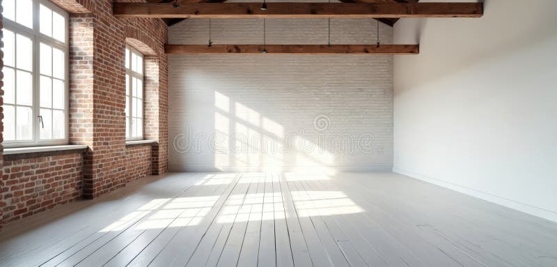 Modern Empty Loft Interior with Exposed Brick Wall. Large Windows ...