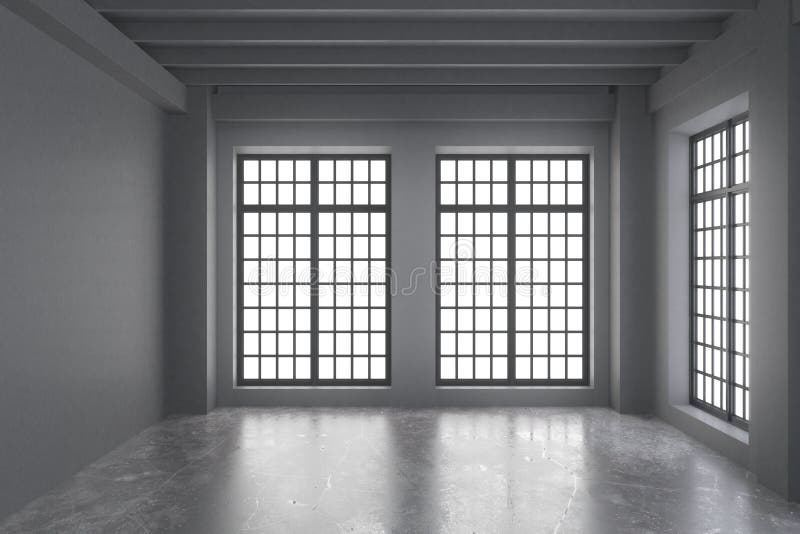 Modern Empty Loft Room with Grey Walls, Concrete Floor and Big Stock ...