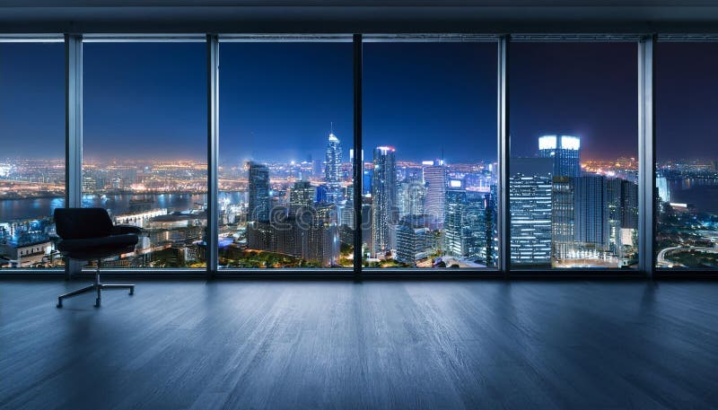 Modern Empty Office Interior with City View at Night. 3D Rendering ...