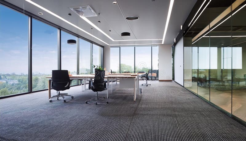 Modern Empty Office Interior with Glass Walls and Workspace Design. 3D ...