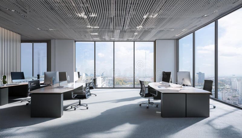 Modern Empty Office Interior with Large Windows and Workspace Design ...
