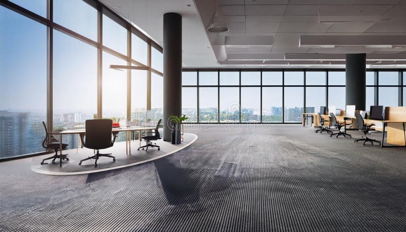 Modern Empty Office Interior with Large Windows and Workspace Design ...