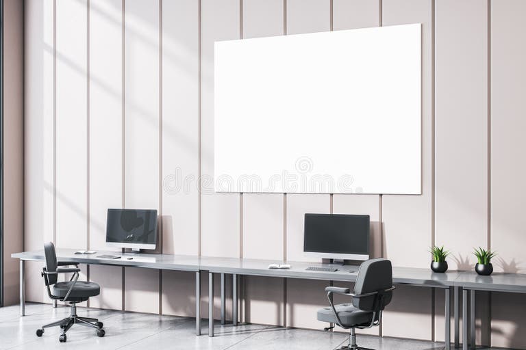 Modern Empty Office Interior with Long Desk, Computers, Chairs and Large Blank Frame on Wall for ...