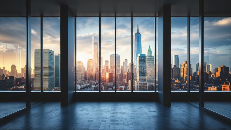 Modern Empty Office Interior Overlooking Manhattan Skyline at Sunset ...