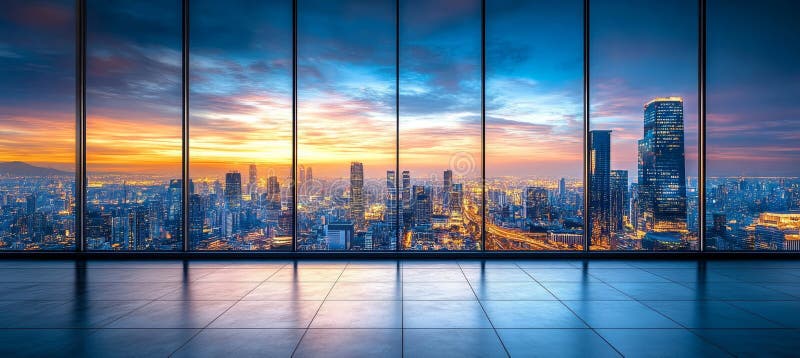 Modern Empty Office Interior with Panoramic Windows and Cityscape View ...