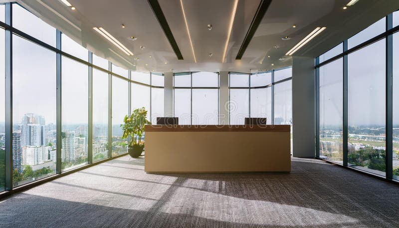 Modern Empty Office Lobby with Reception Desk and Large Windows. 3D ...