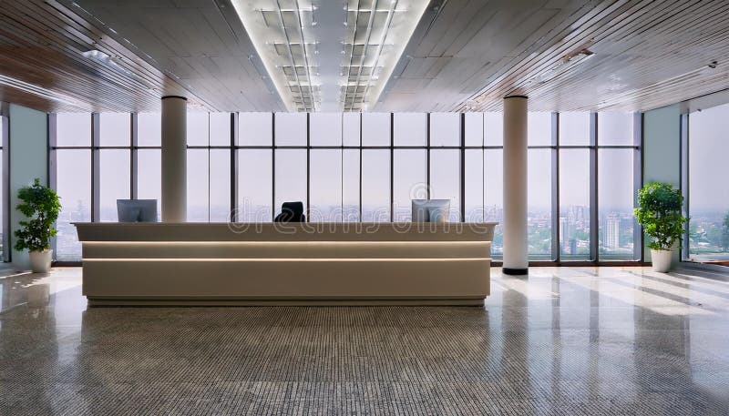 Modern Empty Office Lobby with Reception Desk and Large Windows. 3D ...