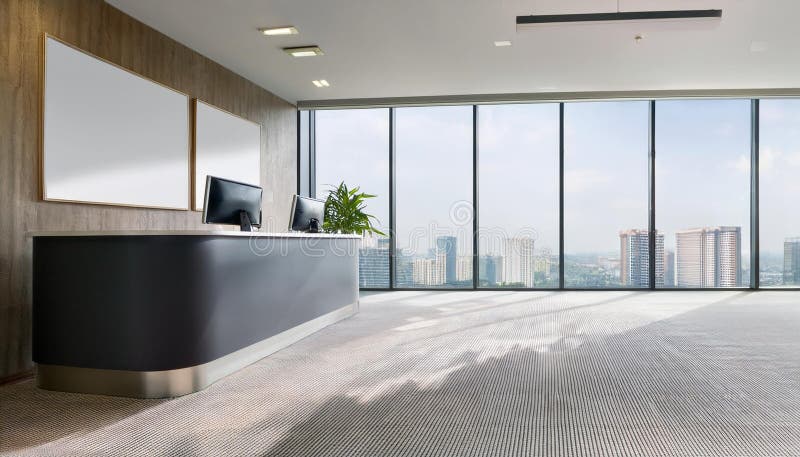 Modern Empty Office Lobby with Reception Desk and Large Windows. 3D ...