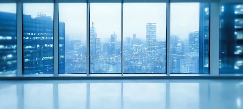 Modern Empty Office with Panoramic Cityscape View through Large Windows on a Cloudy Day Stock ...