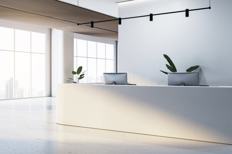 Modern Empty Office Reception with Desks and Computers, Wide Windows ...