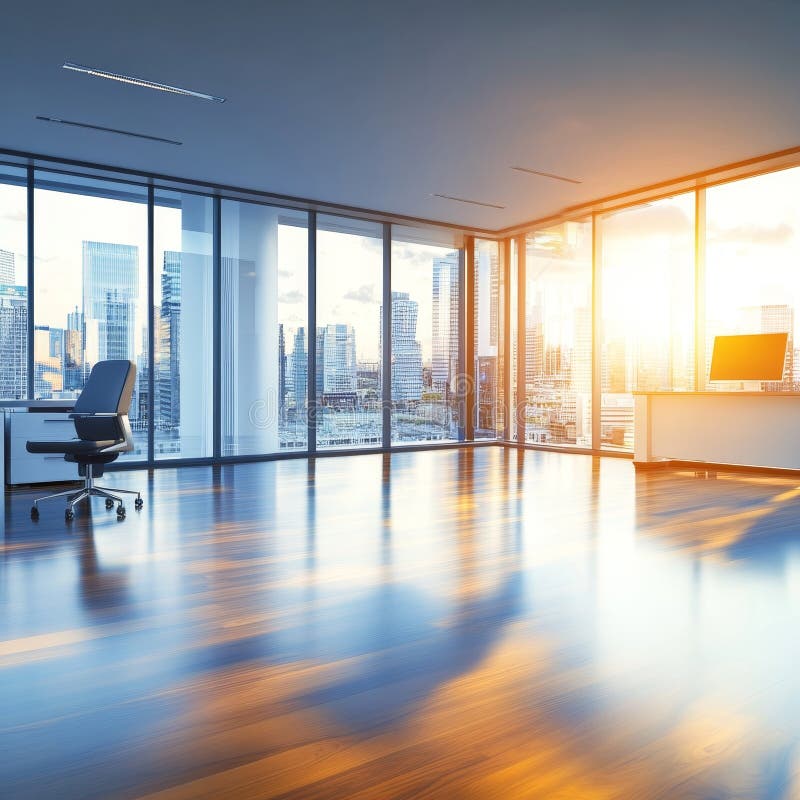 Modern Empty Office Space with City Skyline View, Sunset, and Large ...