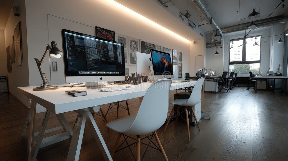 Modern Empty Office Space with Computer Desks and Bright Natural Light Stock Illustration ...