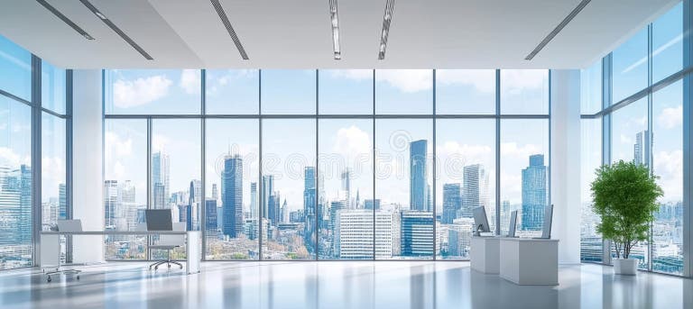 Modern Empty Office Space Interior with City View, Large Windows, Desk ...