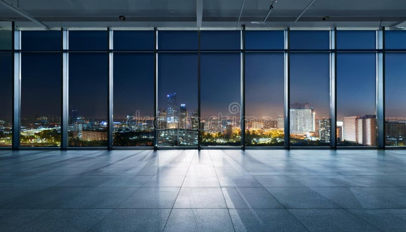 Modern Empty Office Space with Large Glass Windows at Night. 3D ...