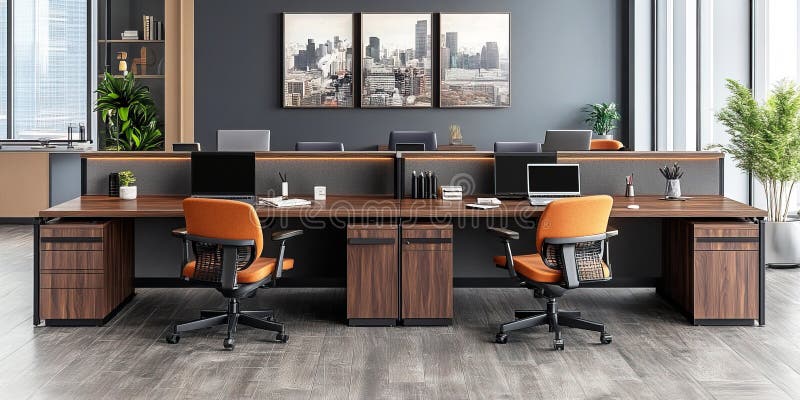 Ai Generated Modern Office Space Multiple Workstations Ergonomic Chairs ...